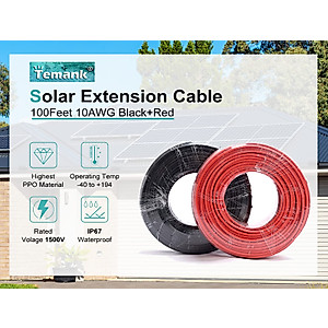 Temank 10AWG Solar Extension Cable 100Ft Black + 100 Ft Red, 10 Gauge Solar Panel Cables Wire 100 Ft with 8 Pairs 1500V Solar connectors and 2 Sets of Z Brackets