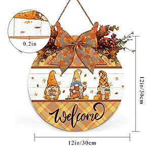 Thanksgiving Door Sign Wreath Welcome Fall Door Sign 12in Wooden Autumn Sign with Bowknot Fall Gnomes Decoration for Home Front Door Porch Thanksgiving Hanging Sign