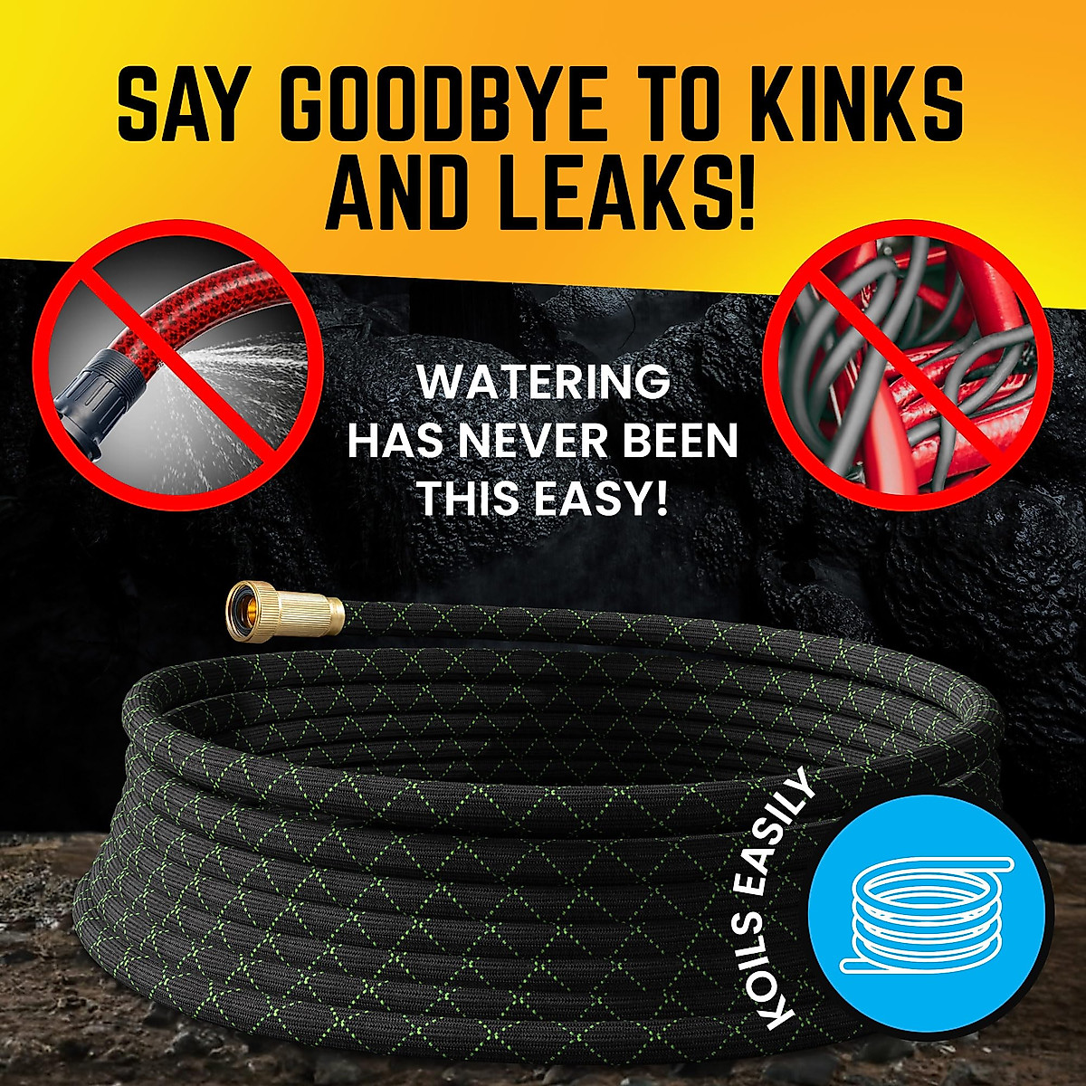 PowerFlow Garden Hose, NON-EXPANDABLE 50 Feet Premium Quality Stainless Steel Metal Water Hose with Durable Fabric Skin, Hose For Commercial, Residential Use, Bonus 10-way Spray Nozzle (50 Ft, Black)