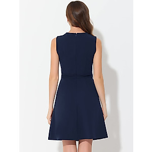 Allegra K Women's Work Dress Round Neck Solid Color Sleeveless A-Line Casual Office Dresses Medium Dark Blue