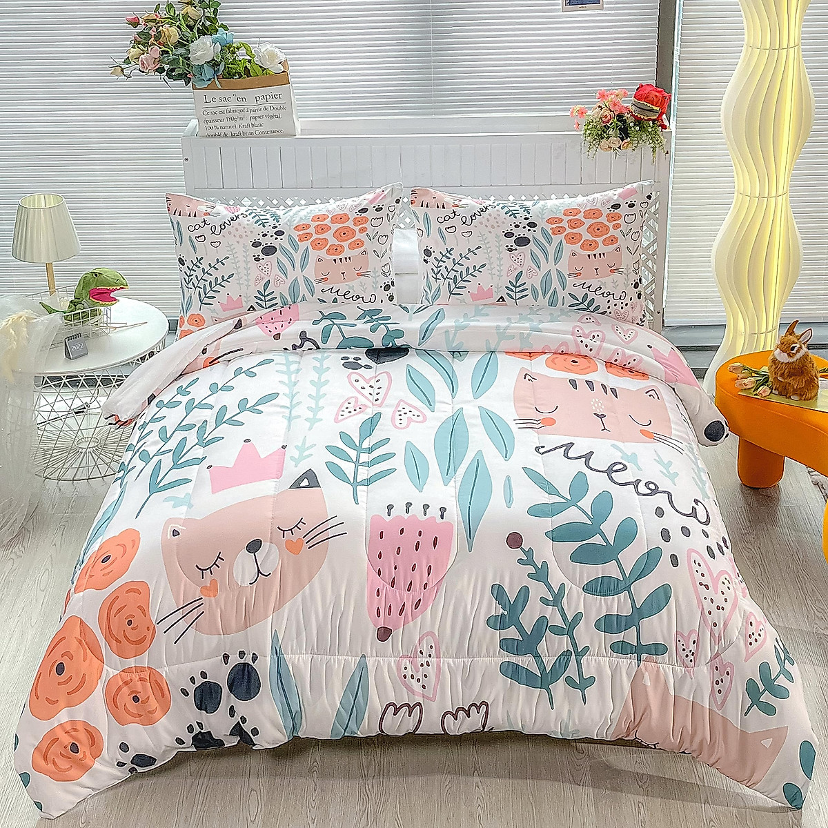 CVHOUSE Cat Bedding,Cartoon Cat Comforter Full,Animals Print Comforter Set for Kids,Kawaii Quilt Set with 1 Comforter and 2 Pillow Cases