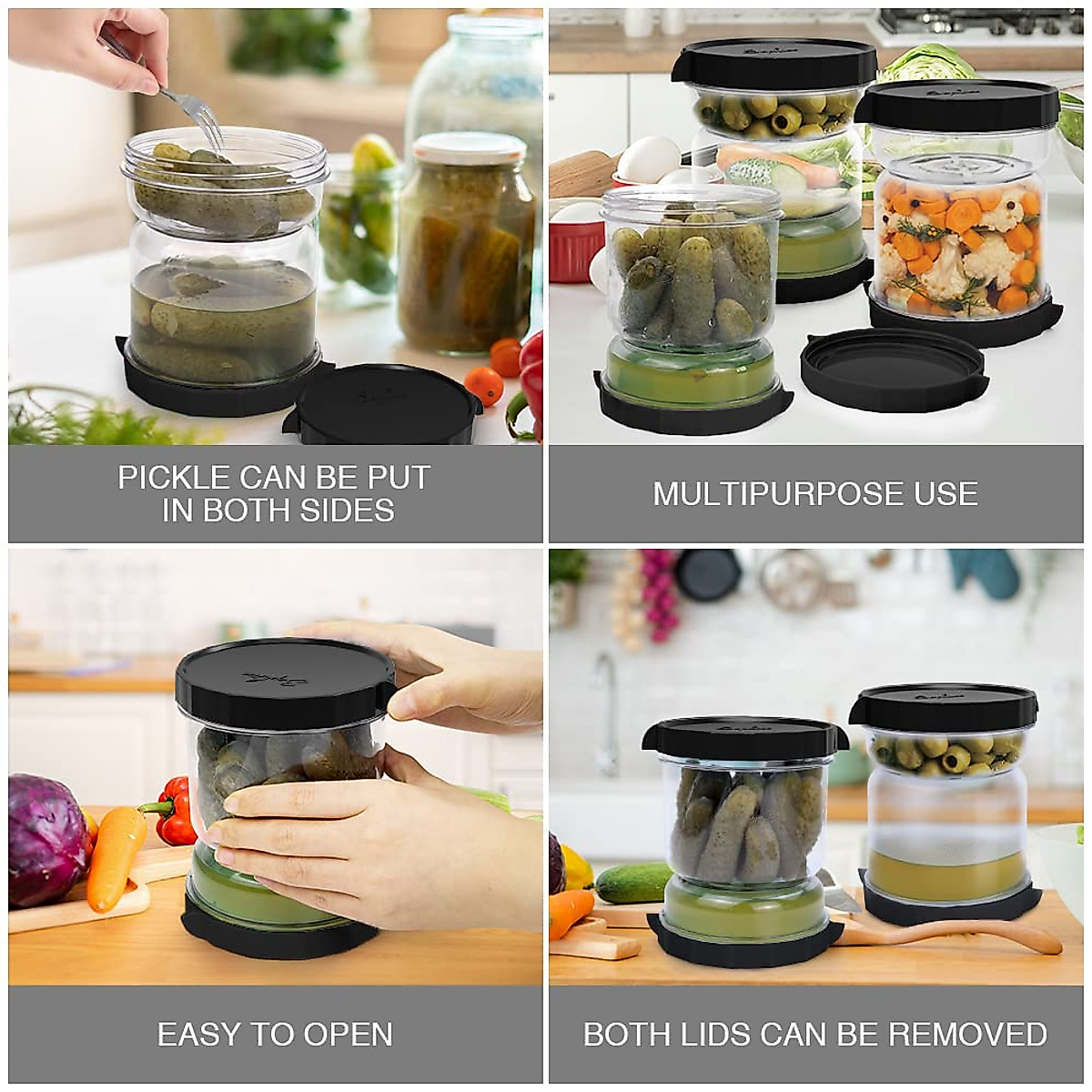 SOPHICO Pickle and Olives Jar Container with Strainer Flip, Leak-proof Juice Separator Hourglass Food Saver Storage Container (Transparent Black)