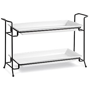 ONEMORE 2-Tier Serving Tray, Collapsible Food Display Stand with Microwave Freezer and Oven Safe Rectangular Ceramic Platters Perfect for Indoor/Outdoor Celebrations and Parties - Bright White