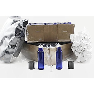 HS HEALTHY SOLUTIONS GLASSWARE 5ml COBALT BLUE Glass Roll On Roller Bottles 144 with Stainless Steel Roller Inserts & Flat Black Screw Caps - Pack of 144 each.