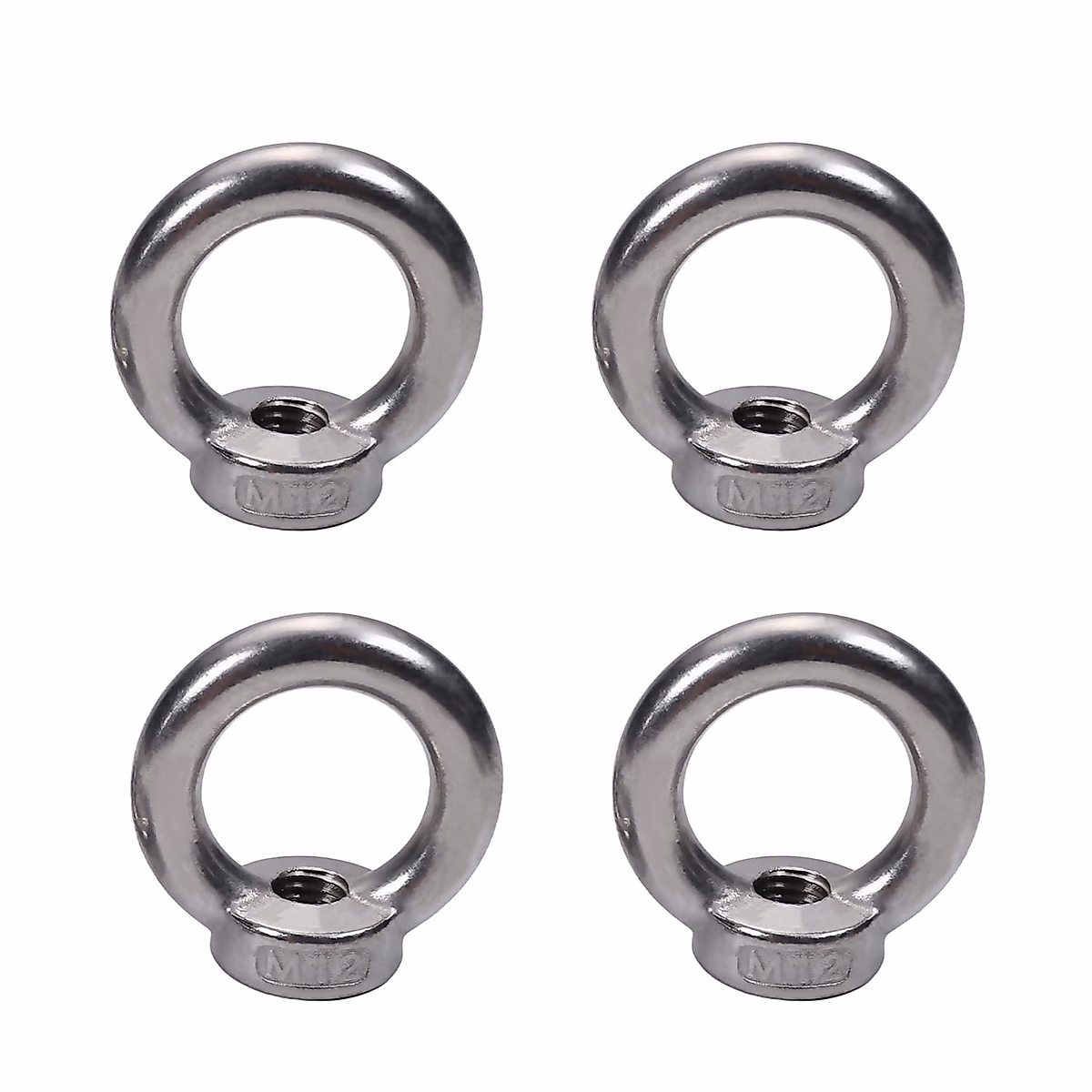 Aicosineg 4Pcs 304 Stainless Steel Eyebolts M12 Female Thread Ring Shoulder Metric EyeNuts Fastener Round Shape Lifting Eye Nut Fastener for Industrial Cables Rope Fitting Marine Silver Tone