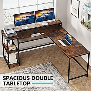 Tribesigns L Shaped Desk with Monitor Stand and Storage Shelves, Farmhouse Corner Computer Desk with Hutch, Crafting Gaming Table for Home Office, Rustic Style