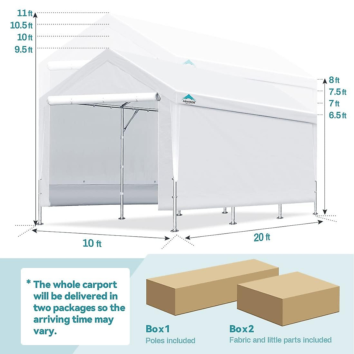 ADVANCE OUTDOOR Adjustable 10x20 ft Heavy Duty Carport Car Canopy Garage Shelter Boat Party Tent, Adjustable Heights from 9.5ft to 11.0ft, Removable Sidewalls and Doors, White