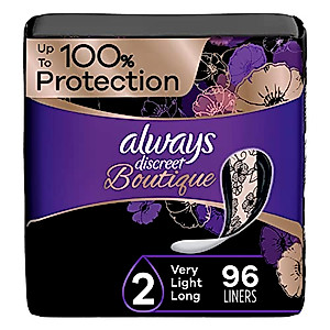 Always Discreet Boutique, Incontinence & Postpartum Liners For Women, Size 2, Very Light Absorbency, Long Length, 32 Count x 3 Packs (96 Count total)