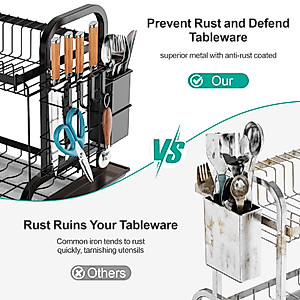 Swedecor Dish Drying Rack - 2 Tier Dish Rack Rust Resistant Small Dish Drainer with Drain Spout and 4 Hooks Utensil Holder for Kitchen Countertop Saving Space, Black
