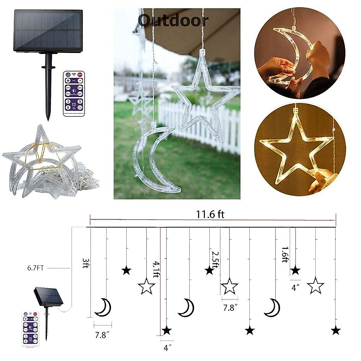 CSX Solar String Lights 138LED Moon Star Twinkle Lights with Remote 8 Lighting Modes Curtain Lights Window Lights Hanging Fairy Lights Outdoor Waterproof for Yard Garden Patio Ramadan Christmas Decor
