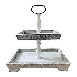 CRAZYMOTO Wood 2-Tier Rustic Tray, Farmhouse Tiered Tray Stand, Rectangular Tray for Cakes, Desserts, Fruits, Snack, Candy, 16x12x17 inches, 4 lbs, White