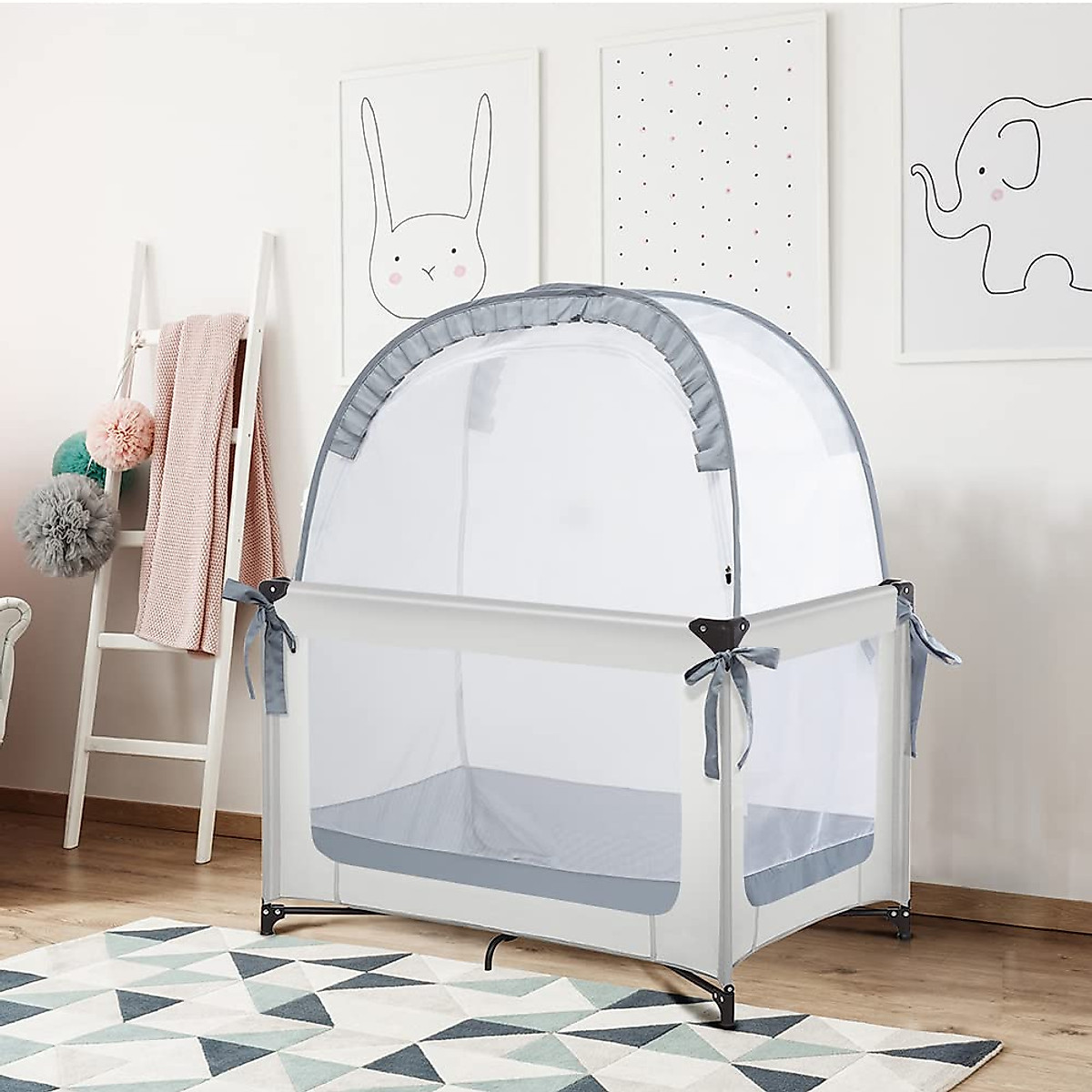 L RUNNZER Pack N Play Tent to Keep Baby in, Crib Net for Pack and Plays, Mini Cribs & Play Yards to Stop Baby from Climbing Out, Pop Up Design & Breathable Mesh Crib Canopy