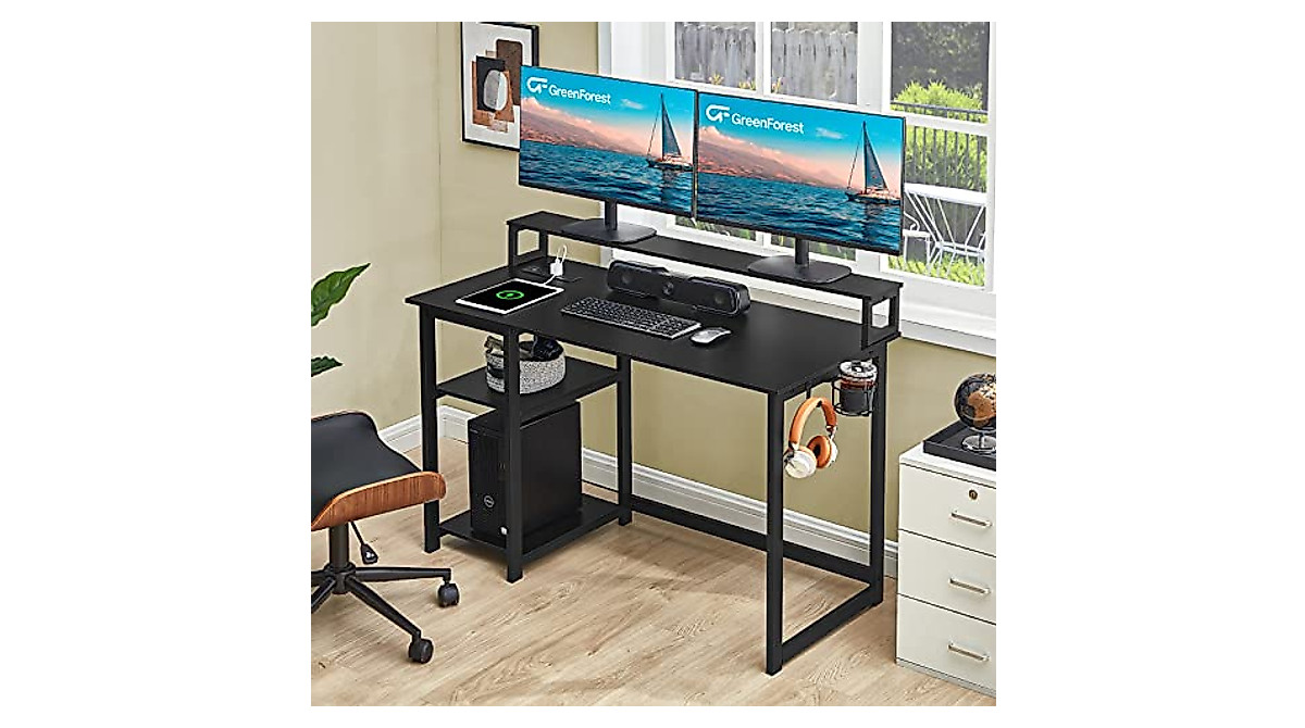 GreenForest 47" Computer Desk with Power/USB & Storage - Black