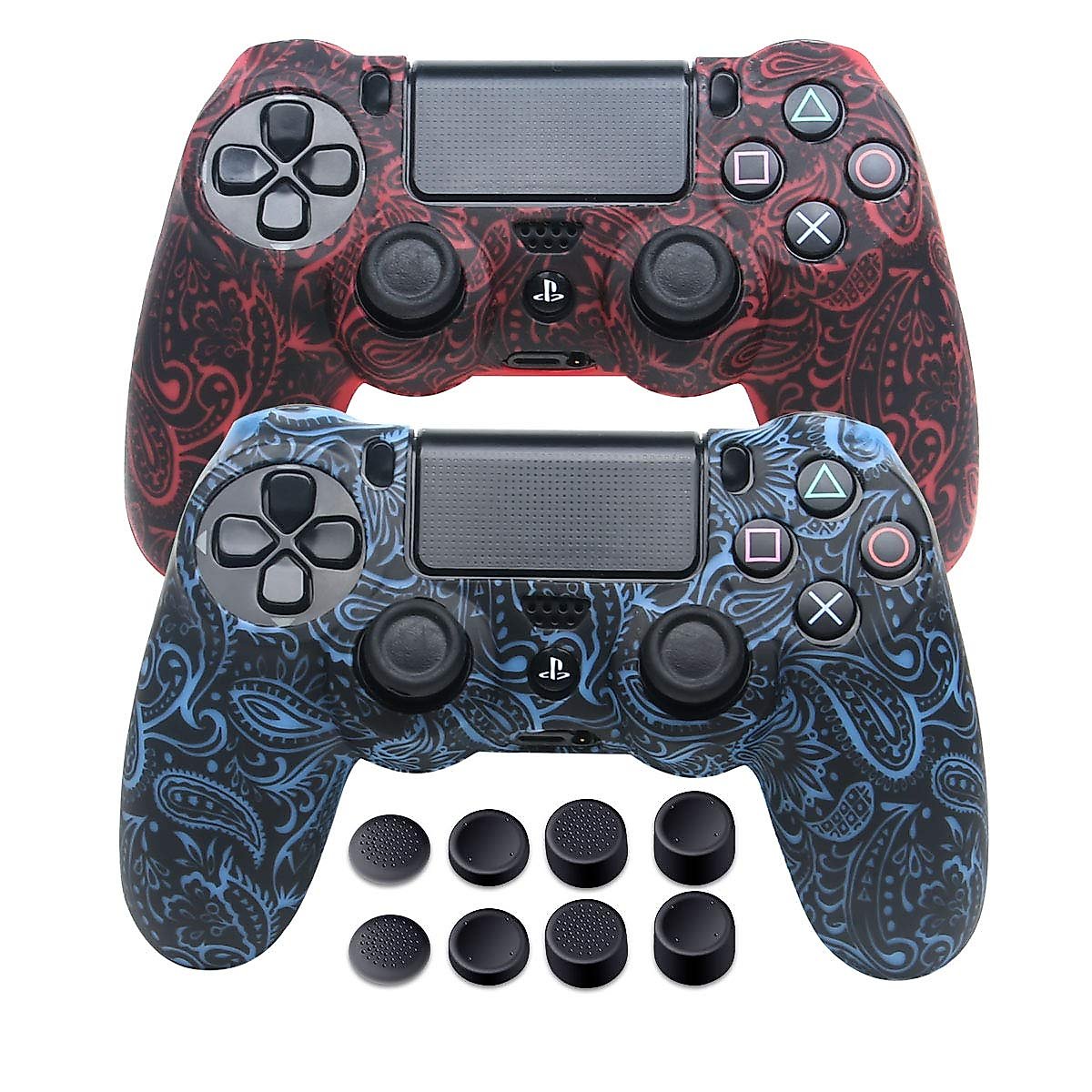 Silicone Controller Covers Compatible with PS4 Controller - 2 Pack of Anti-Slip Protector Controller Skin Case- with 4 Pairs Thumb Grips - Red & Blue