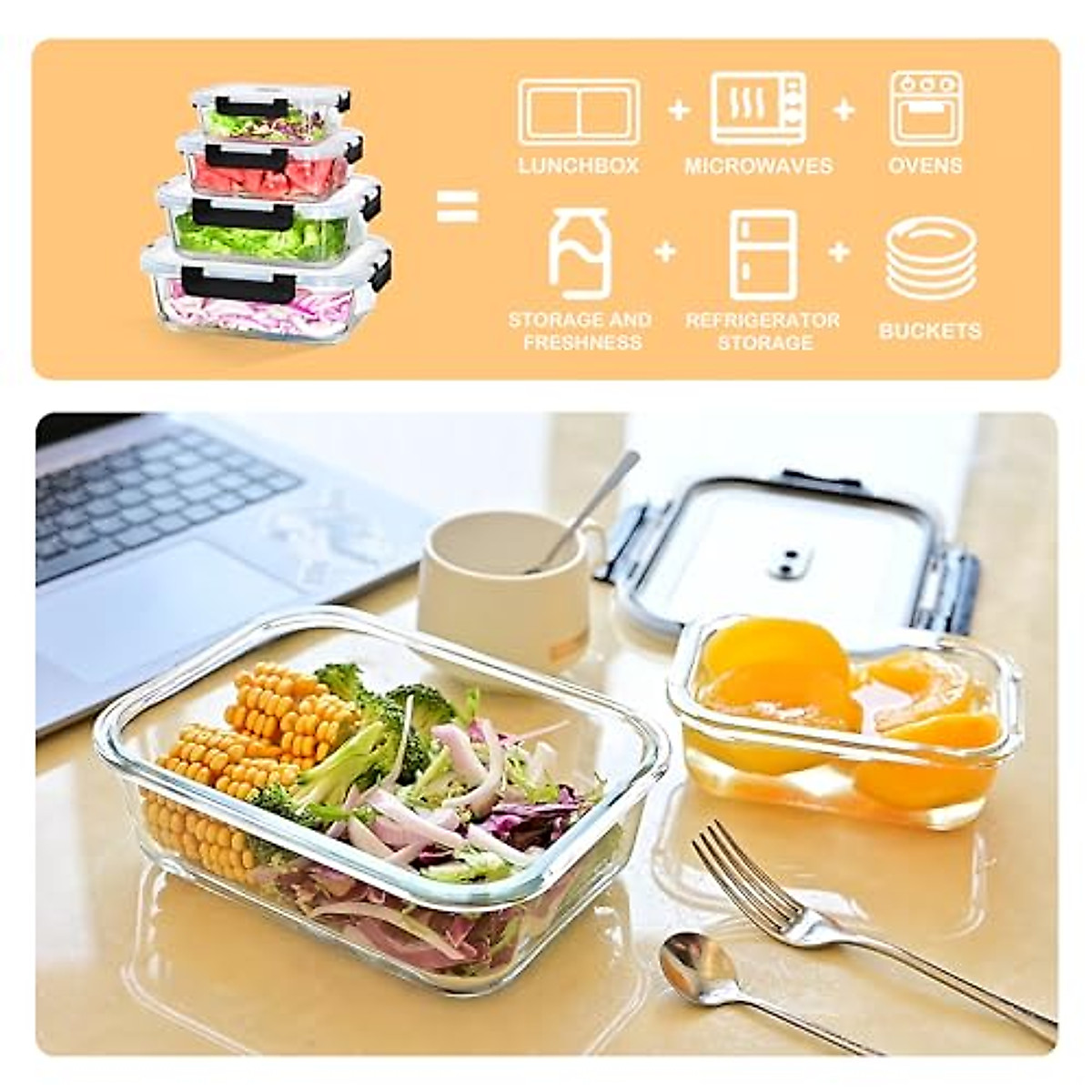 MVDHDT 16 Piece (8 Glass Containers and 8 Lids),12.5+35.1 OZ Black Glass Containers With Lids,Rectangles Meal Prep Containers Reusable Glass,for Microwave, Oven, Freezer and Dishwasher