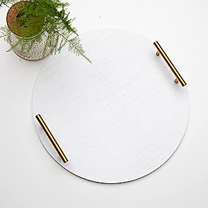 Defined Deco Round Wood Tray,Decorative Tray and Round Serving Tray, 11.6" Round Tray with Gold Metal Handles, Decorative Trays for Home Decor,Coffee Table and Ottoman, Farmhouse Serving Tray, White