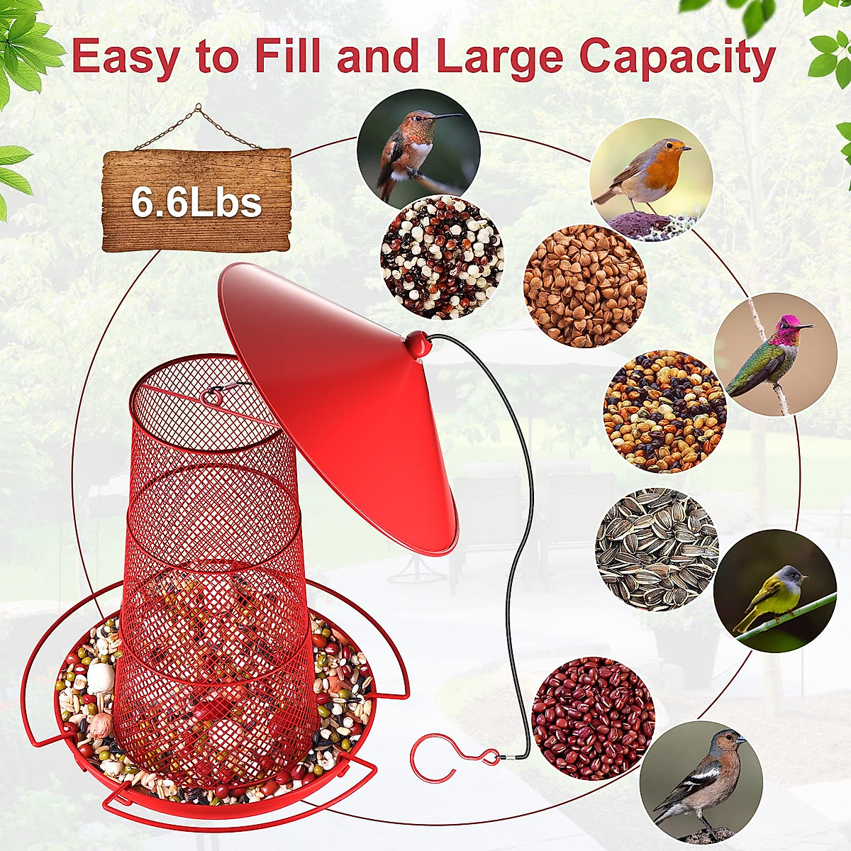 Gaprass Bird Feeder, 3 Tier Retractable Metal Bird Feeders for Outside Hanging, 6.6 Lbs Large Capacity with 3 Perches, Squirrel-Proof Bird Feeder for 360°Feeding Area for Wild Birds (Red)