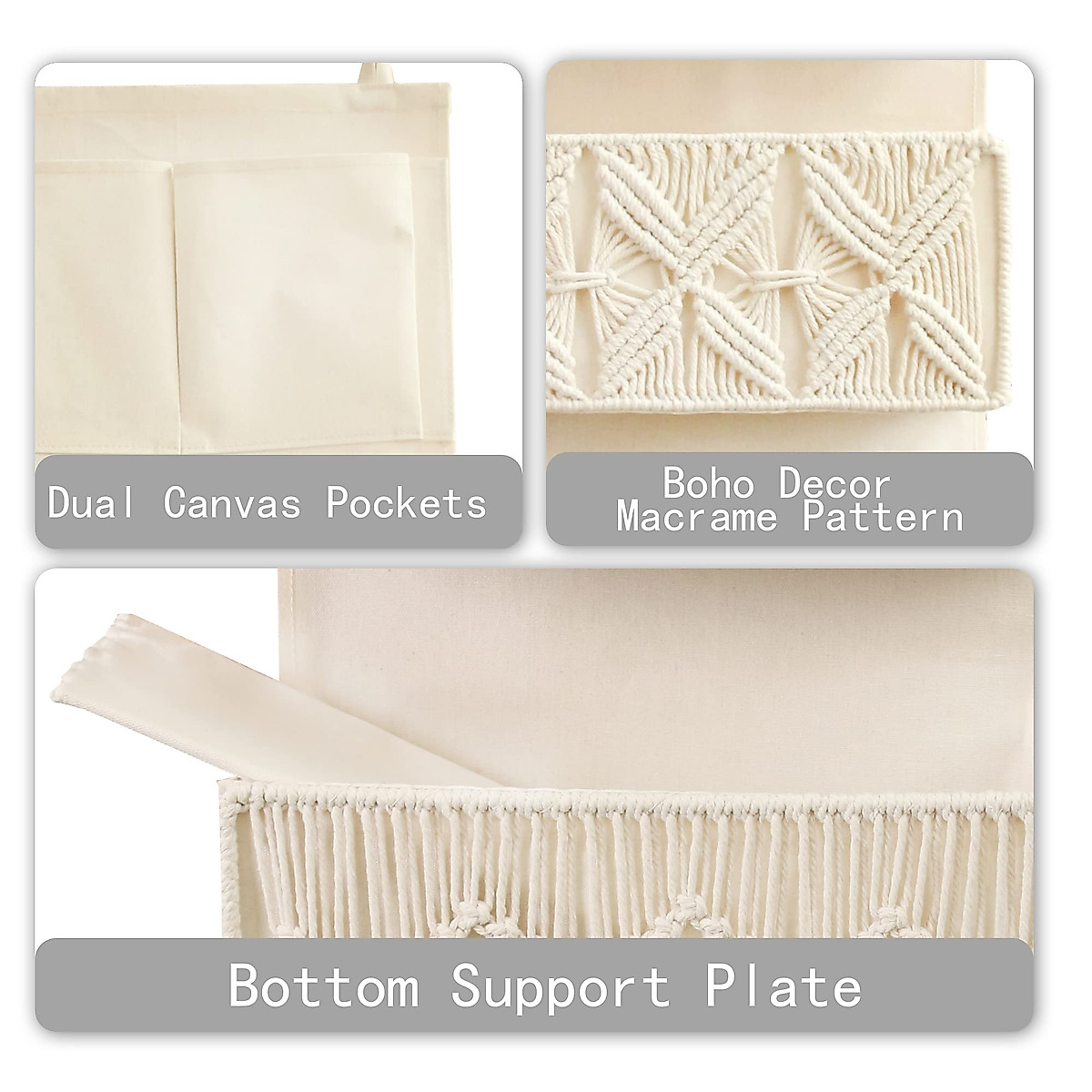 FEILANDUO Over The Door Organizer Boho Macrame Closet Organizers and Storage with 3 Large Woven Pockets Behind Door Organizer for Nursery, Pantry, Bathroom, Bedroom, Dorm (Ivory)