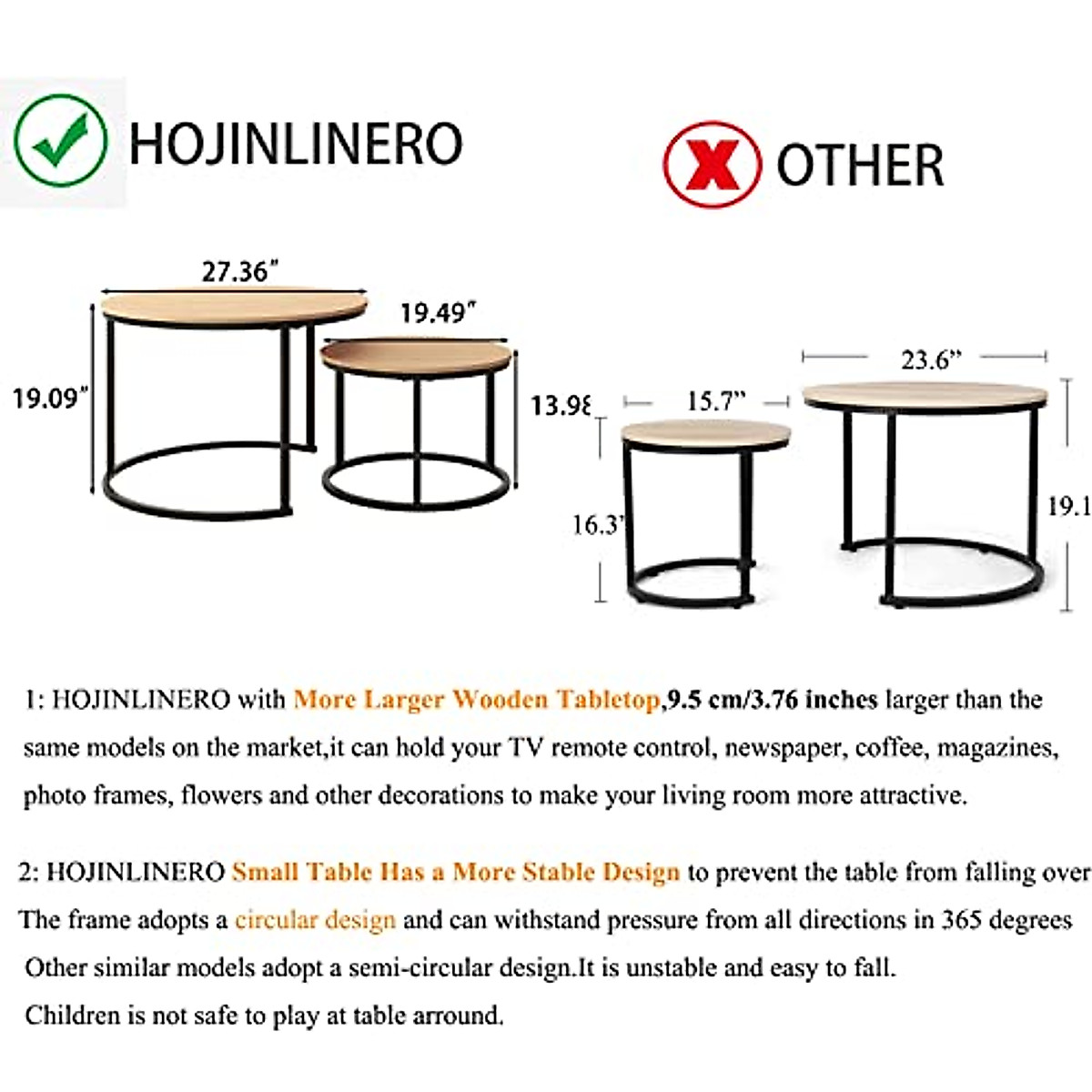 HOJINLINERO Industrial Round Coffee Table Set of 2 End Table for Living Room,Stacking Side Tables, Sturdy and Easy Assembly,Wood Look Accent Furniture with Metal Frame,Black+Teak Oak…