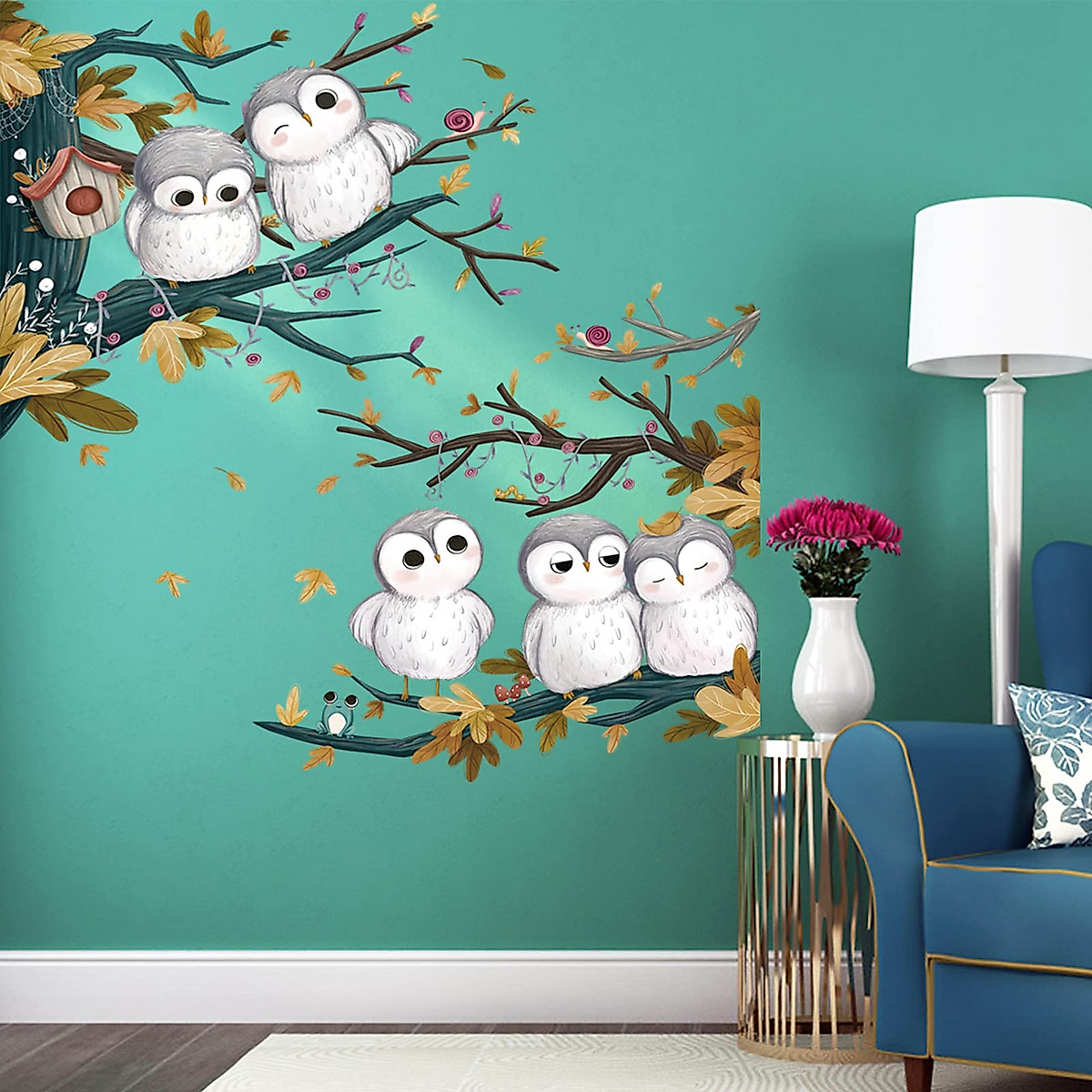 NOA Owls on Branches Cartoon Wall Sticker, Removable Waterproof Vinyl Animal Flowers Decal Decor, Lovely Art Mural for Nursery Bedroom Kids Room Home Decoration