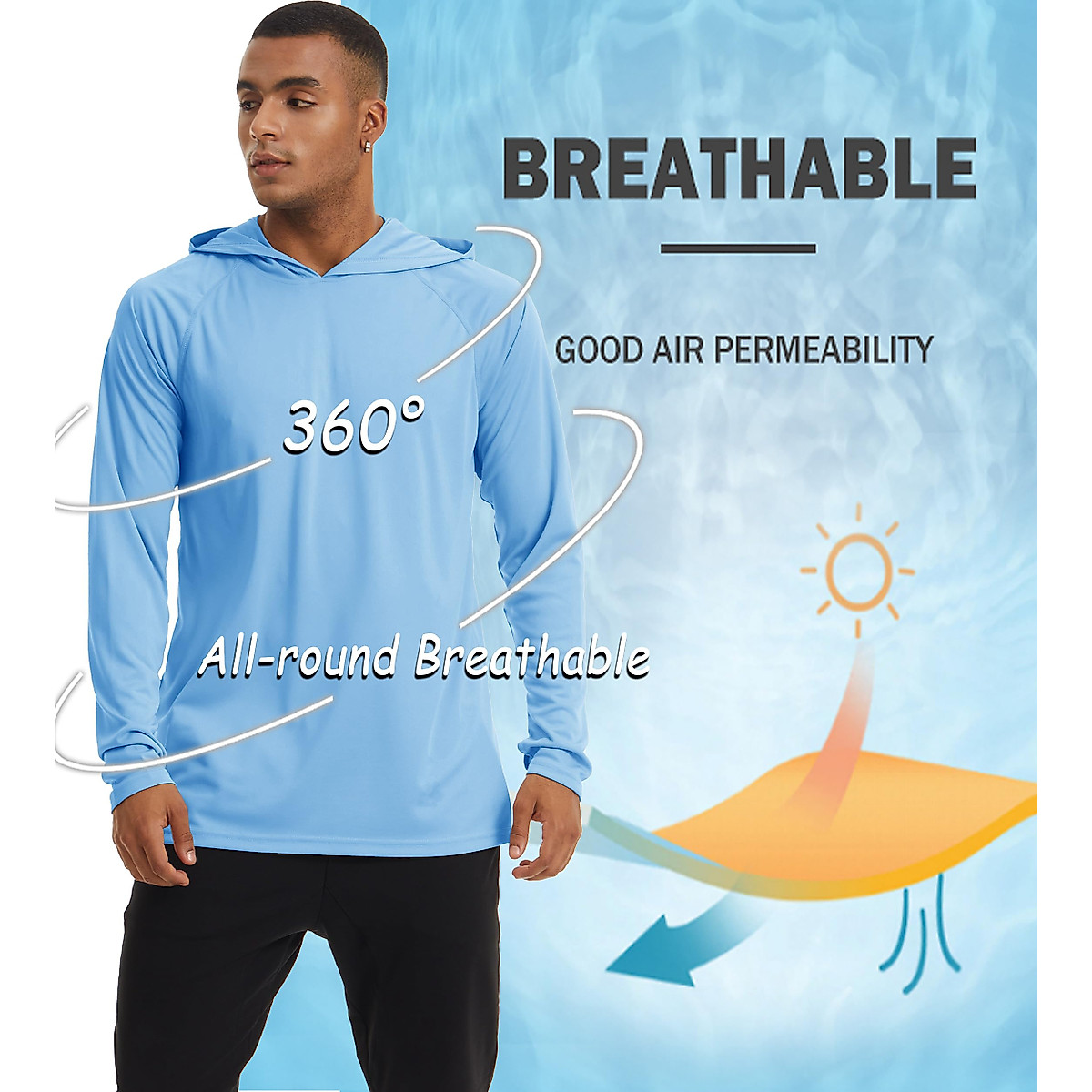 BIYLACLESEN Active Shirts Men Long Sleeve Sun Protection Hoodie Outdoor Performance T-Shirts Quick Dry Fishing Shirts Running Shirts Blue