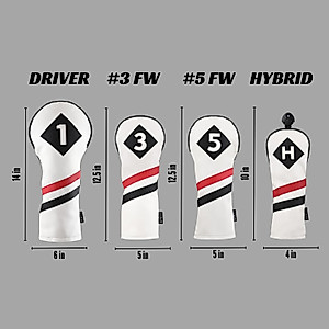 Majek Retro Golf Headcovers White Red and Black Vintage Leather Style 1 3 5 H Driver Fairway Woods and Hybrid Head Cover Classic Look