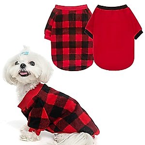 PUPTECK Polar Fleece Dog Hoodie 2 Pack – Red/Black Plaid and Solid Red Puppy Sweater for Small Medium Dogs, Warm Pet Shirts Autumn Winter Doggy Christmas Clothes Soft Comfortable Cat Apparel
