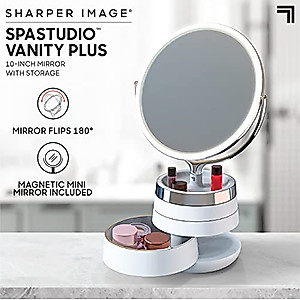 Sharper Image Spastudio Vanity Plus 10-Inch LED Mirror with Storage Trays, Touch-Activated Brightness Controls, Dimmable Halo Light Ring, 5X and 10X Magnification