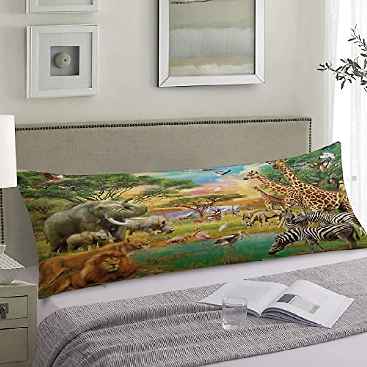 Body Pillow Cover,Africa Animal Rhino Flamingo Lion Zebra Giraffe Family Printed Long Pillow Cases Protector with Zipper Decor Soft Large Covers Cushion for Beding,Couch,Sofa,Home Gift 20"x54"