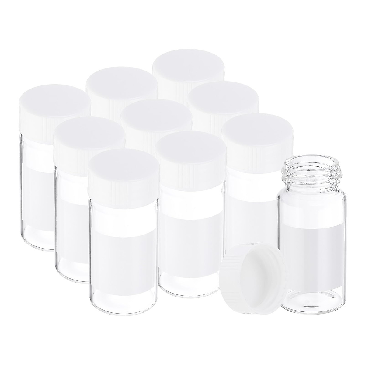 PATIKIL 10pcs 20ml Small Clear Glass Vials with White Screw Cap, Borosilicate Glass Sample Bottles with Writing Label for Solid Liquid Powder Storage