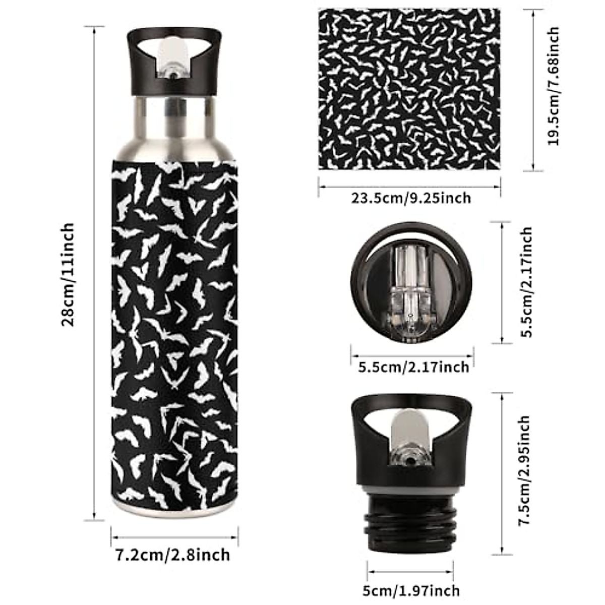 Bats Black Water Bottle 20 oz Insulated Thermos With Lid Stainless Steel Bottle Circle Sports Water Bottles Keep Hot Cold Leakproof Vacuum Water Flask