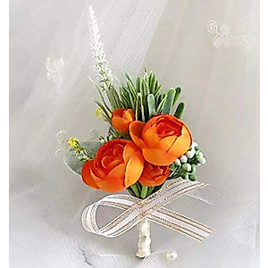 Easin 2Pcs Boutonniere Buttonholes and Wrist Corsage Wristband Roses Wrist Corsage, Groom Groomsman Best Man and Girl Brides Rose Wedding Flowers Accessories Prom Suit Decoration (Orange)