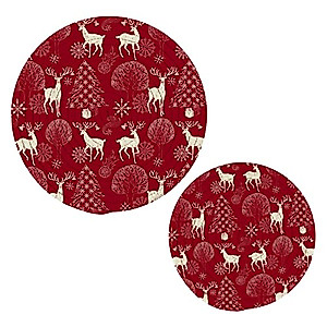 Christmas and New Year Red Festive Background Night Forest with Deer and Christmas Tree Winter Trivets for Hot Dishes 2 Pcs,Hot Pad for Kitchen,Trivets for Hot Pots and Pans,Large Coasters Cotton Mat