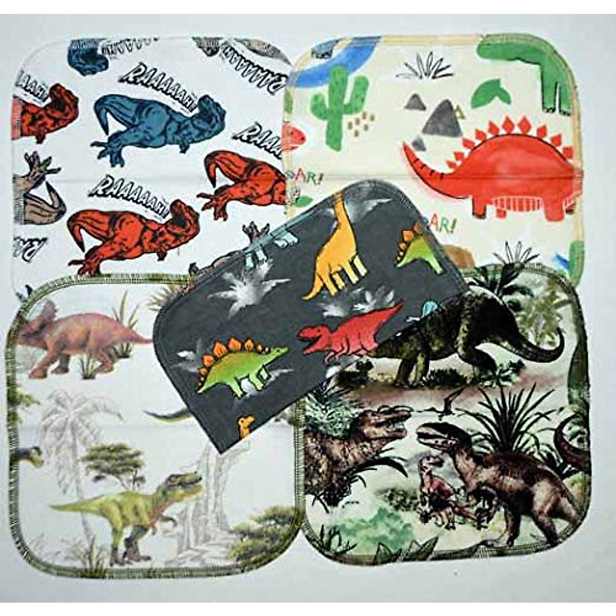 2 Ply Printed Flannel 8x8 Inches Set of 5 Dinosaurs