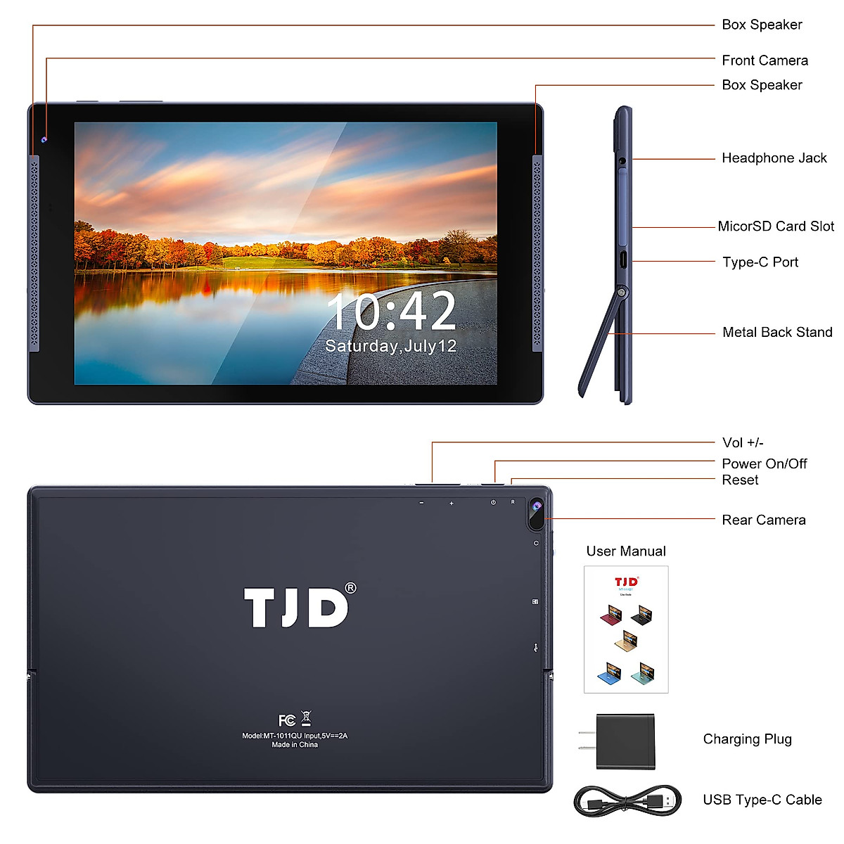 TJD Android 12 Tablets,10.1 inch Tablet PC, 4GB RAM 64GB ROM 512GB MicroSD, FHD IPS Display, Dual Camera, Double Stereo Speakers, Wi-Fi5.0/2.4, Bluetooth5.0, (Gray)