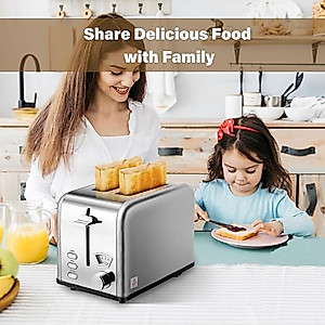 Simple Deluxe Stainless Steel Toaster 2 Slice with 1.5” Wide Slot & Removable Crumb Tray, 5 Shade Options and Bagel/Defrost/Cancel Functions, for Various Bread & Waffle, Retro Silver