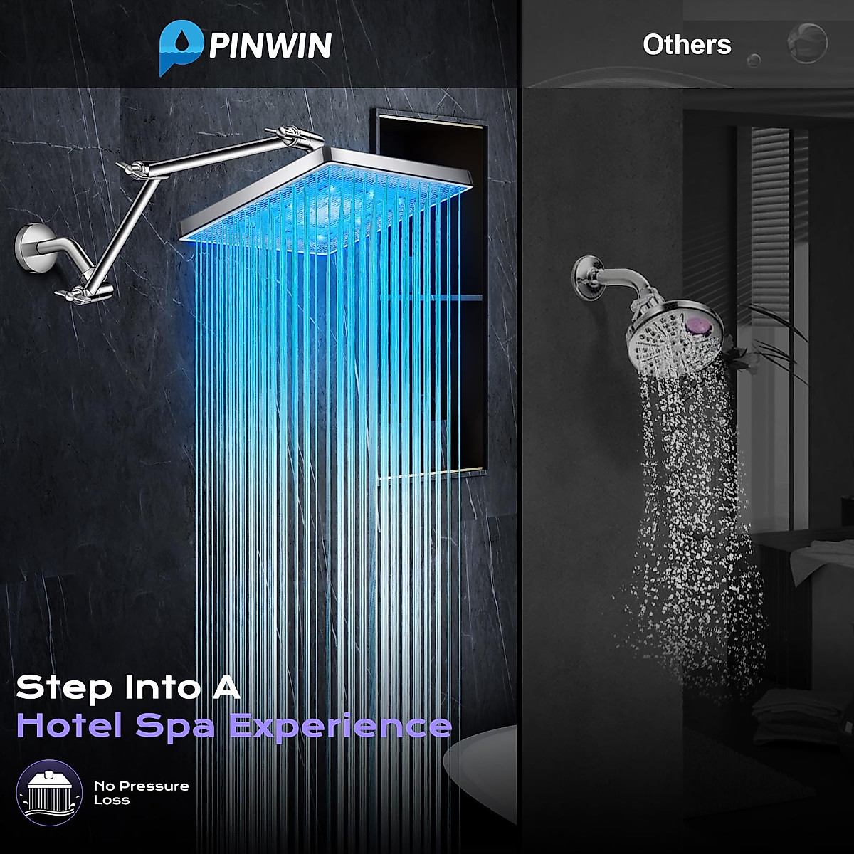 PinWin Shower Head, 8'' LED Rain Shower Head with 16'' Adjustable Extension Arm, Rainfall Style Water Spray, LED Shower Head Water Temperature Controlled Color Changing,Chrome