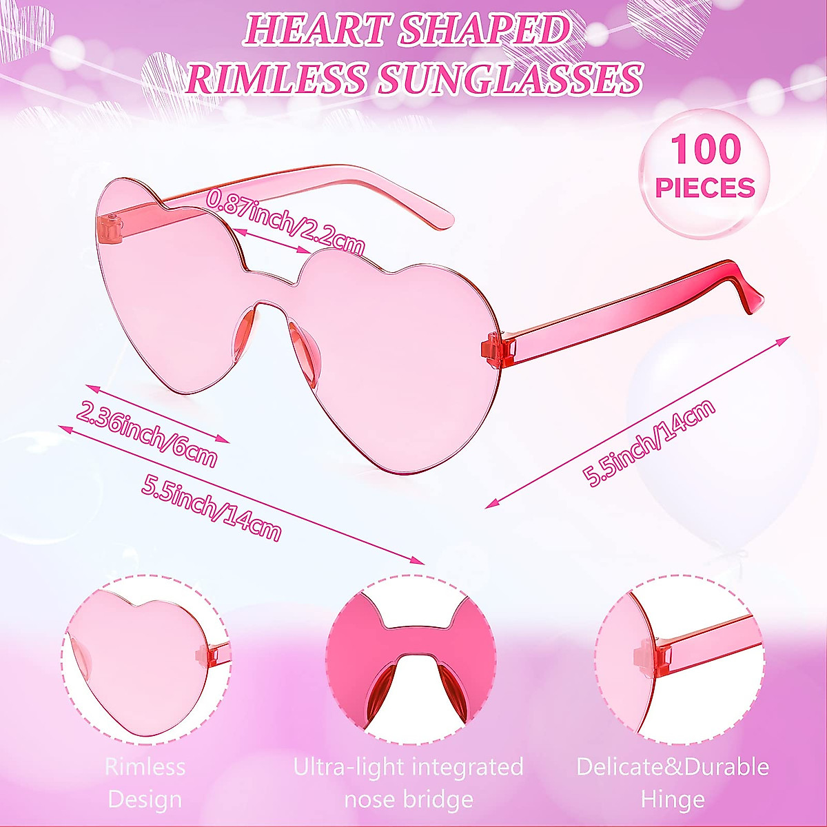 Zhengmy 100 Pairs Heart Glasses Heart Shaped Rimless Sunglasses Transparent Candy Color Heart Sunglasses Eyewear for Women Girls