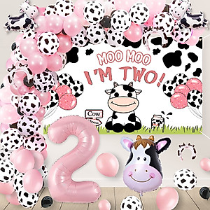 Roetyce Cow 2nd Birthday Decorations for a Girl, Moo Moo I'm Two Birthday Decorations Girl Boy Cow 2nd Birthday Party Supplies, Cow Two Birthday Banner and Cow Balloons for Cow Themed Birthday Decor