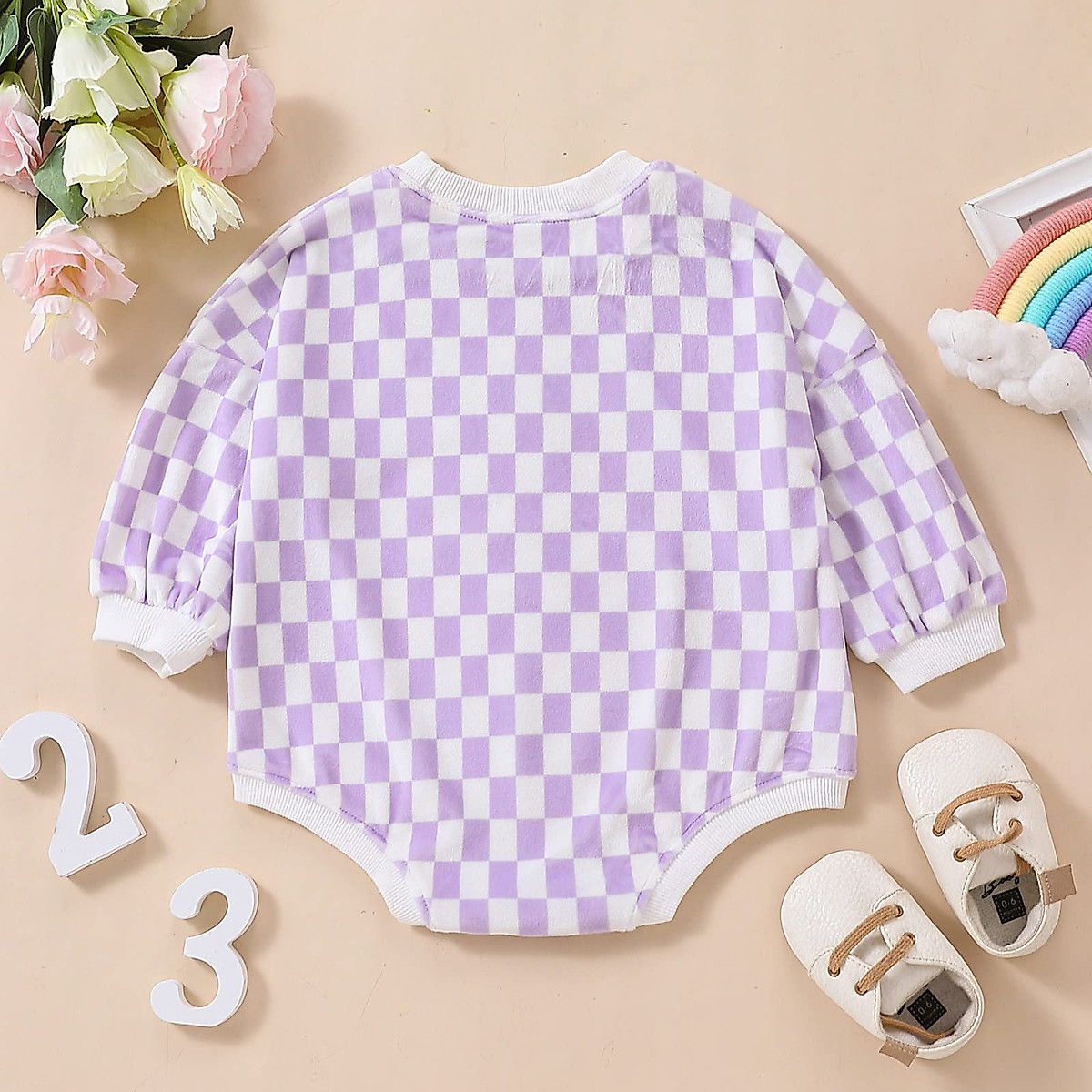 Kayotuas Baby Neutral Clothes Checkerboard Crewneck Sweatshirt Romper Oversized Long Sleeve Plaid Bubble Bodysuit (Purple,6-12 Months)