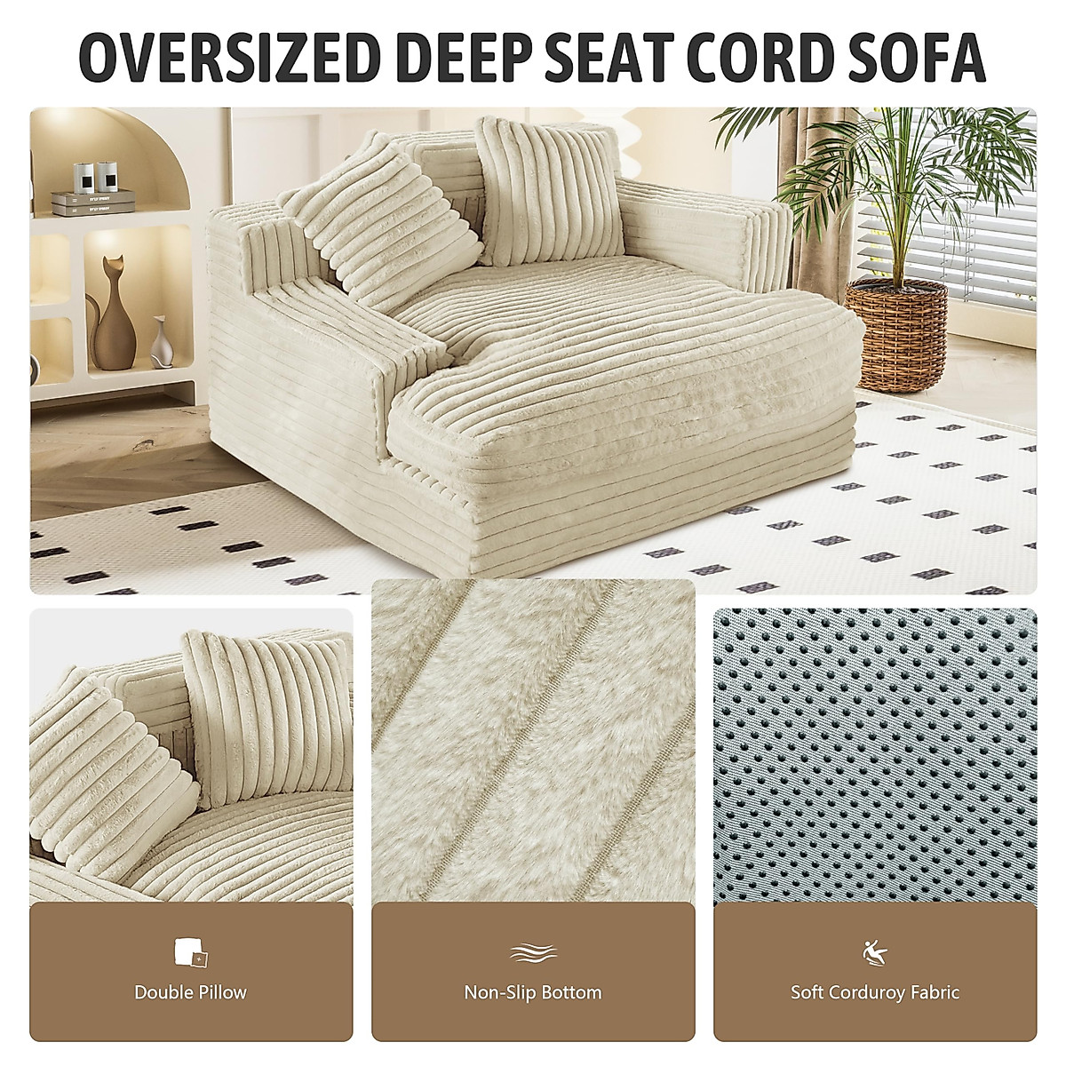 homecozy Multifunctional Modern Oversized Chaise Lounge - Large Floor Loveseat for Living Room and Bedroom, Casual Recliner for Gaming, Reading and Resting - Beige 48 * 48 * 28.3 Inches (Frameless)