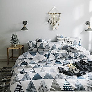 VClife Cotton Duvet Cover Queen Size, Queen Gray Blue White Triangle Bedding Sets Modern Style Geometric Duvet Cover, Zipper Closure & Corner Ties, Breathable, Lightweight