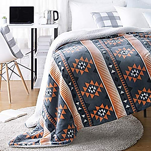 Amazon Basics Ultra-Soft Micromink Sherpa Blanket, Throw, Spa Blue Aztec Stripe