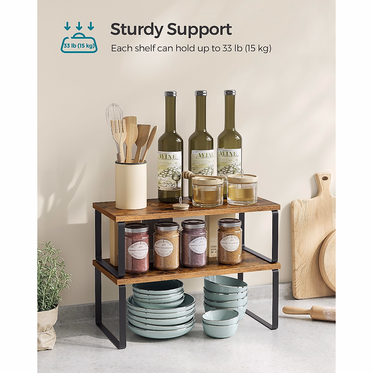 SONGMICS Cabinet Organizer Shelf, Set of 2 Kitchen Counter Shelves, Kitchen Storage, Spice Rack, Stackable, Expandable, Metal and Engineered Wood, Ink Black and Rustic Brown UKCS200X01