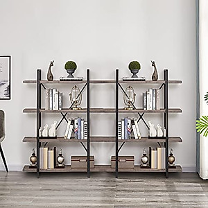 IBF Solid Wood Bookshelf, 4 Tier Natural Real Wood Bookcase, Modern Rustic Industrial Open Book Shelf, Tall Farmhouse Wooden Etagere Bookcase for Office Living Room Bedroom, Distressed Grey and Black