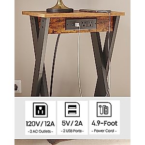 TUTOTAK End Table with Charging Station, X Shaped Side Table with USB Ports and Outlets, Nightstand, 2-Tier Storage Shelf, Sofa Table for Small Space, Brown TB01BB048
