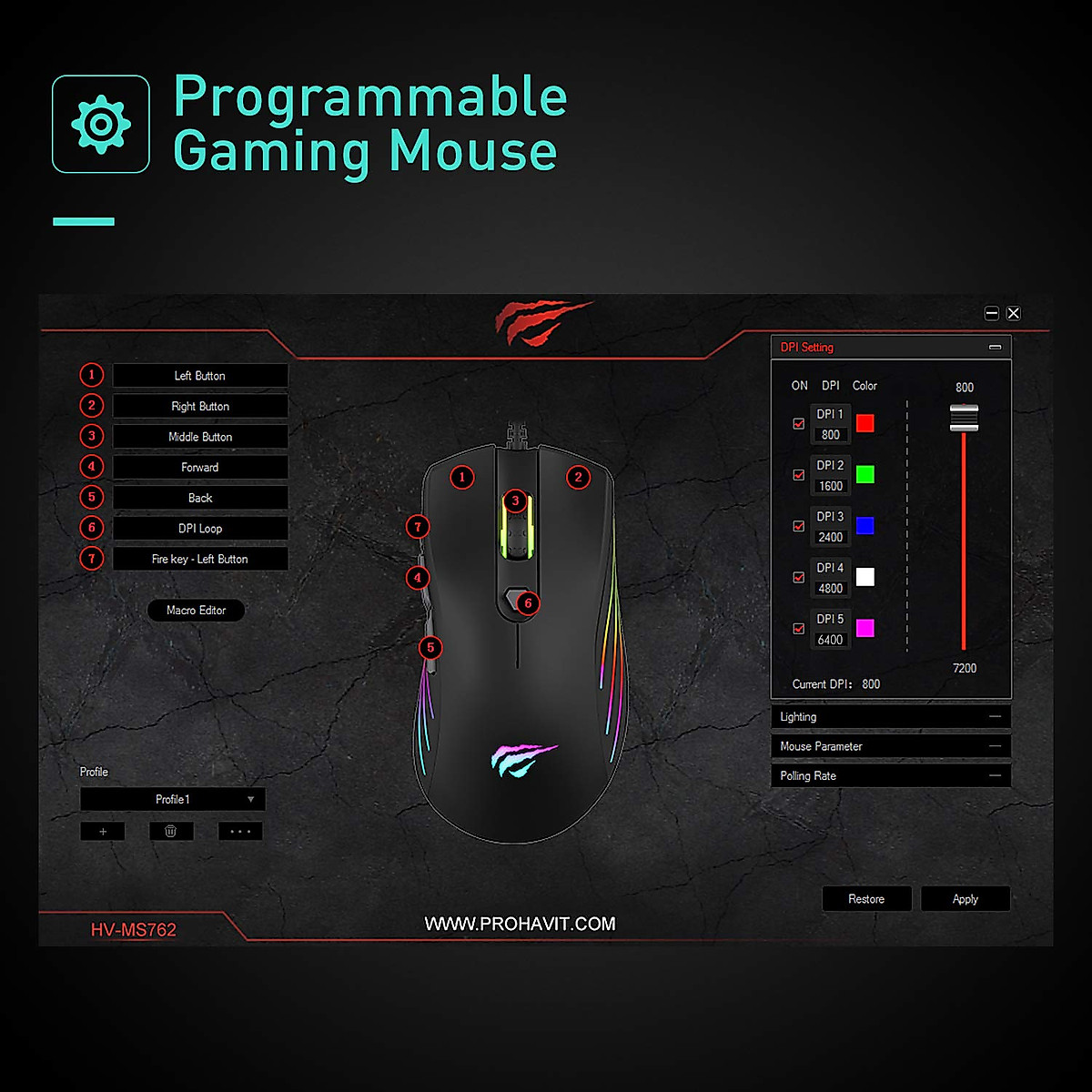 Havit Gaming Mouse Wired 7200DPI RGB Backlit Comfortable Computer Ergonomic USB Programmable Mice 1000Hz Polling Rate for Laptop Desktop PC Gamer (Renewed)