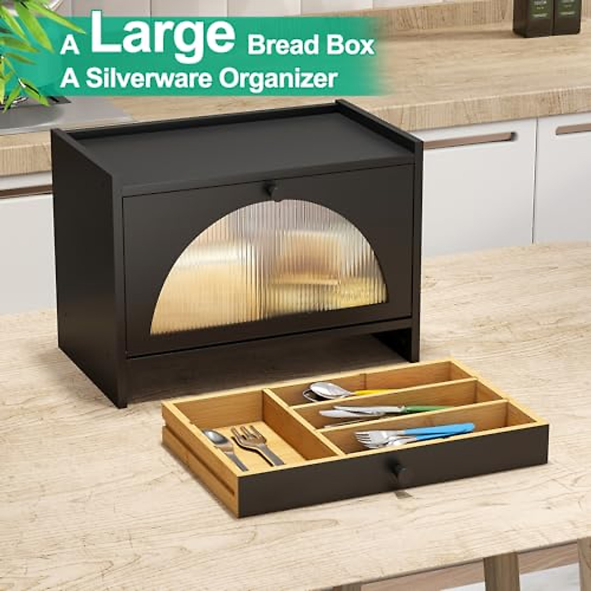 kiplant Black Bread Box for Kitchen Counter, Large Bamboo Bread Storage Container with Silverware Drawer, Bamboo Wooden Farmhouse Bread Box for Your House