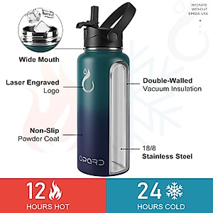 Opard Sports Water Bottle - 32 Oz, 3 Lids (Straw Lid, Flip Lid, Spout Lid), Leak Proof, Vacuum Insulated Stainless Steel, Double Walled, Reusable Metal Canteen
