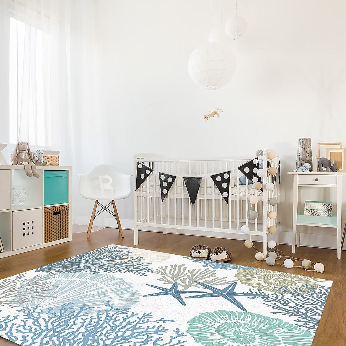 Debedcor Blue Coral Area Rug for Living Room, Coastal Ocean Nautical Rectangular Indoor Carpet - 2' x 3', Summer Starfish Shells Marine Themed Non-Skid Bathroom Mat Kitchen Runner Rugs for Bedroom